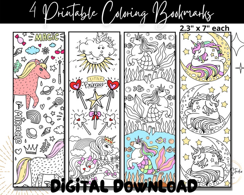Printable Unicorn Coloring Page, Cute Girls Coloring Bookmarks, Digital ...