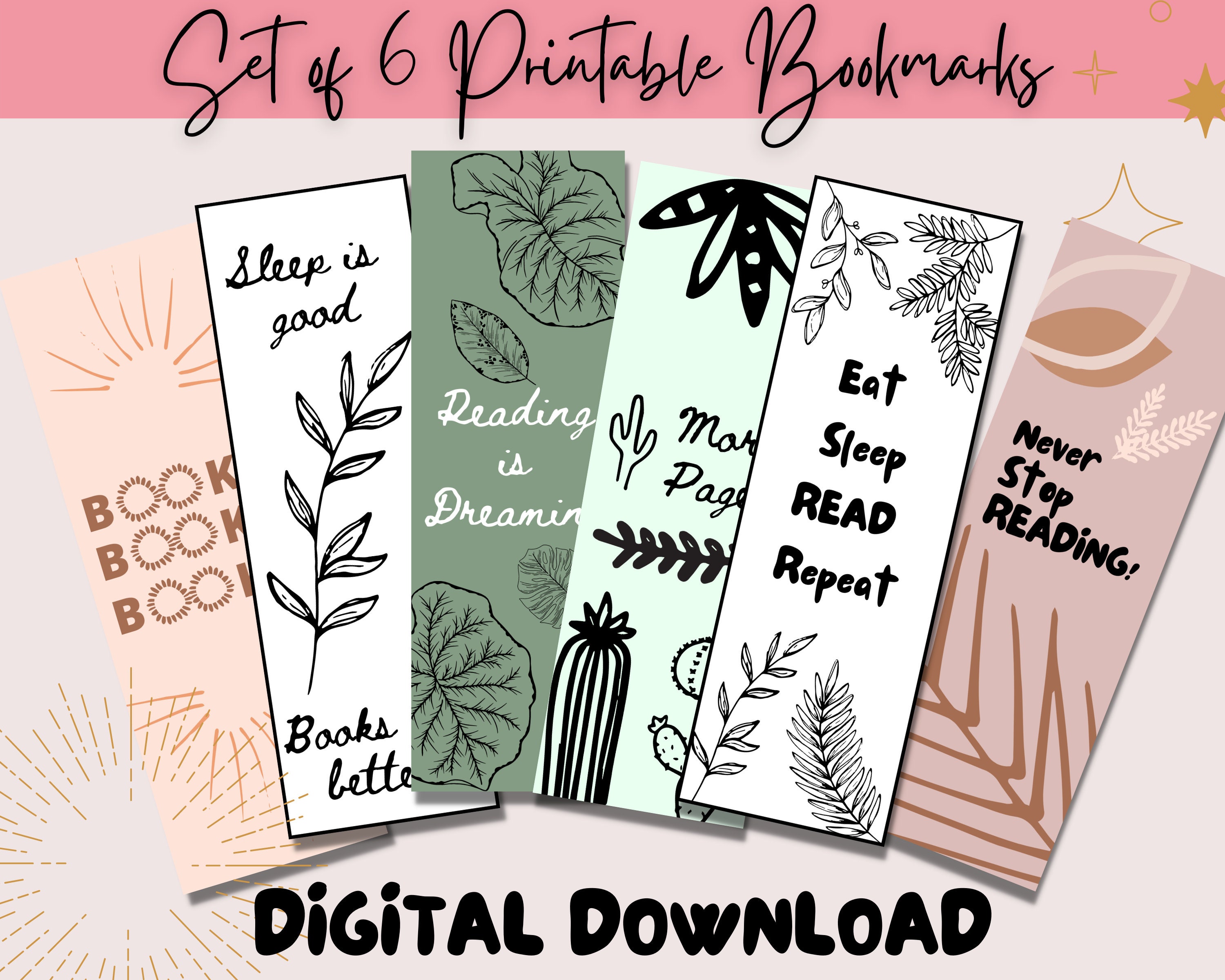 Botanical Printable Bookmarks, Boho Book Mark, Book Lover Gift, Cute ...