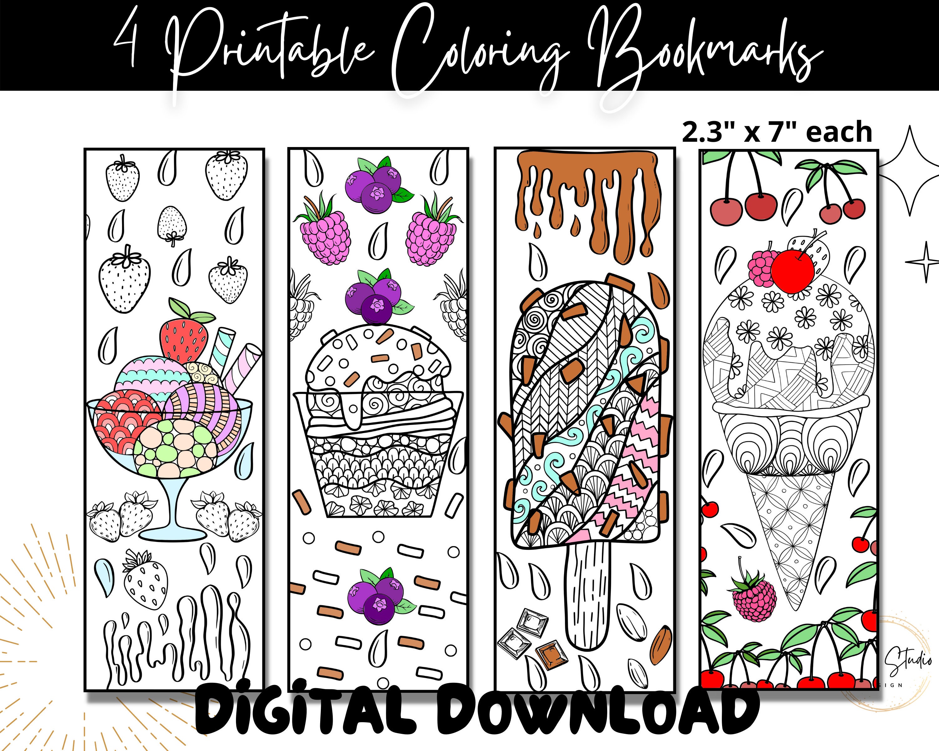 Fun Ice Cream Book Mark Coloring Pages, Kids Teens & Adults Color Pages ...