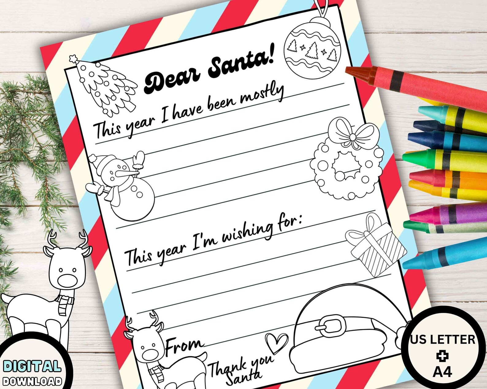 Letter to Santa Coloring Page: Printable Christmas Wish List (digital ...