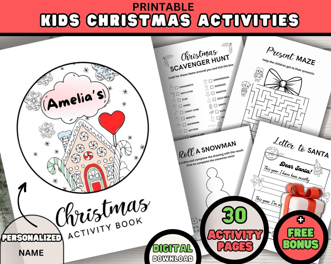 Personalized Christmas Activity Book: Kids Holiday Games (digital ...