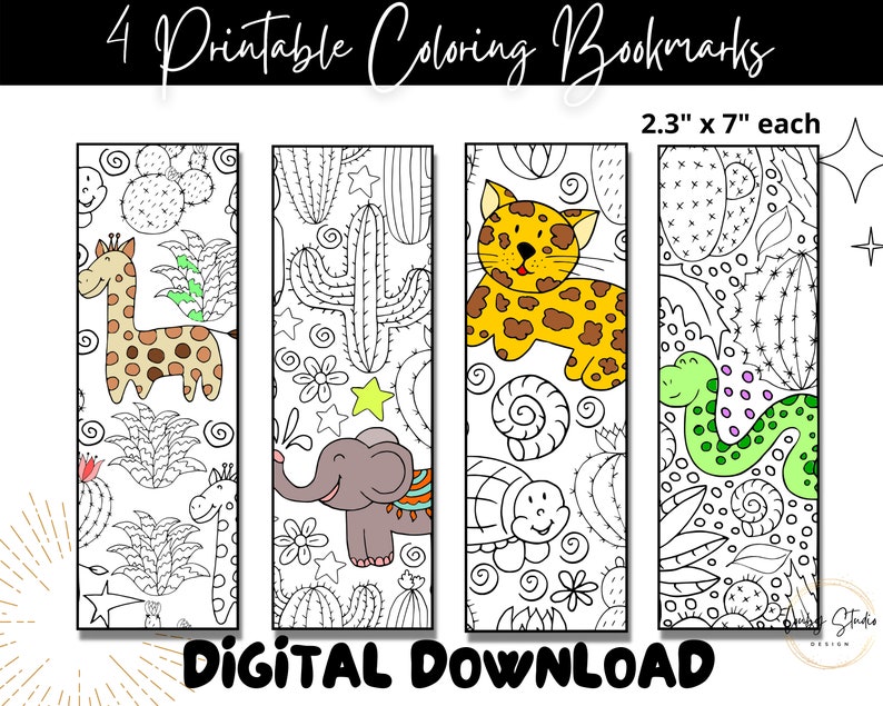 Printable Coloring Animal Bookmarks, Digital Book Marks, Cute Printable ...
