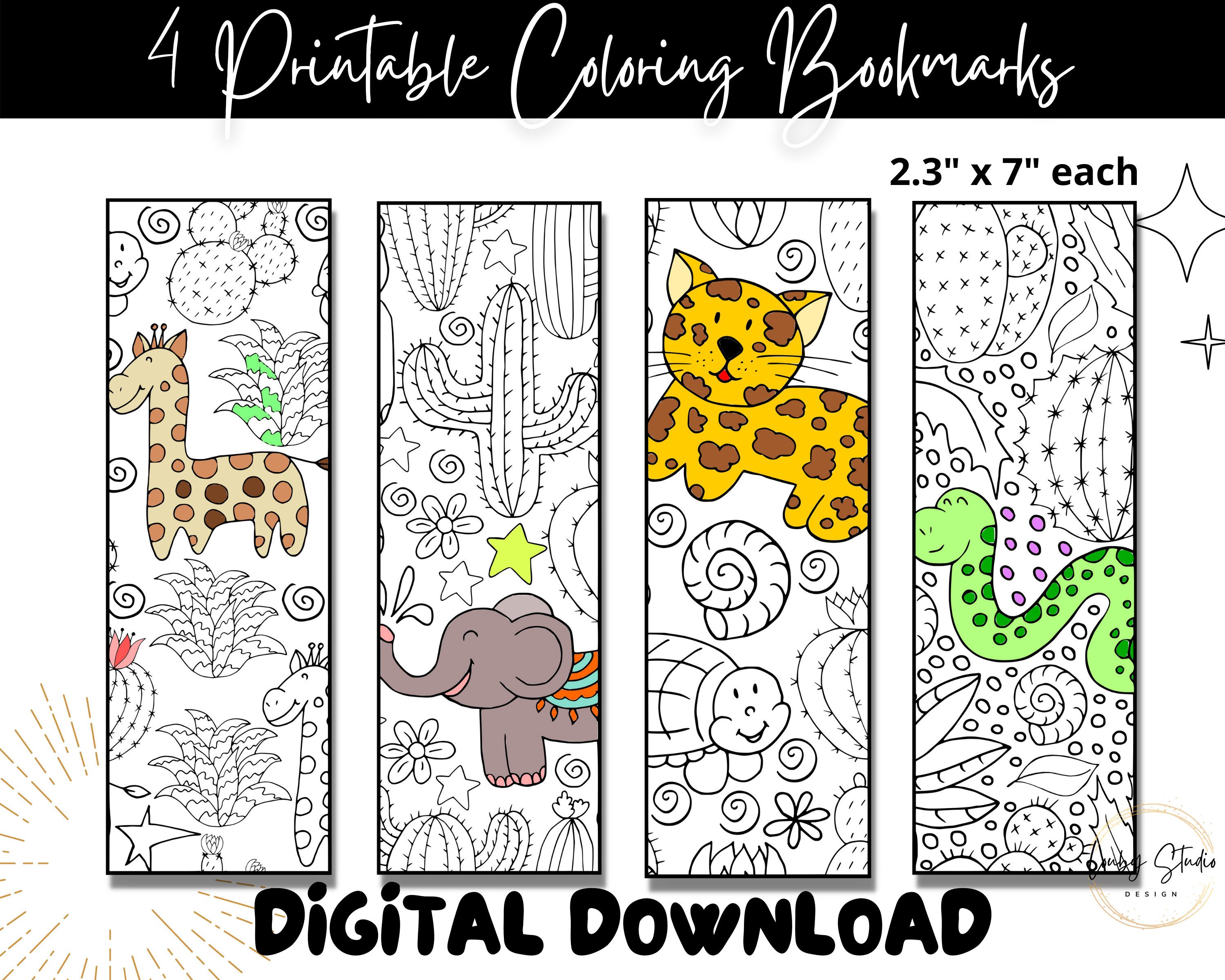 Printable Coloring Animal Bookmarks, Digital Book Marks, Cute Printable ...