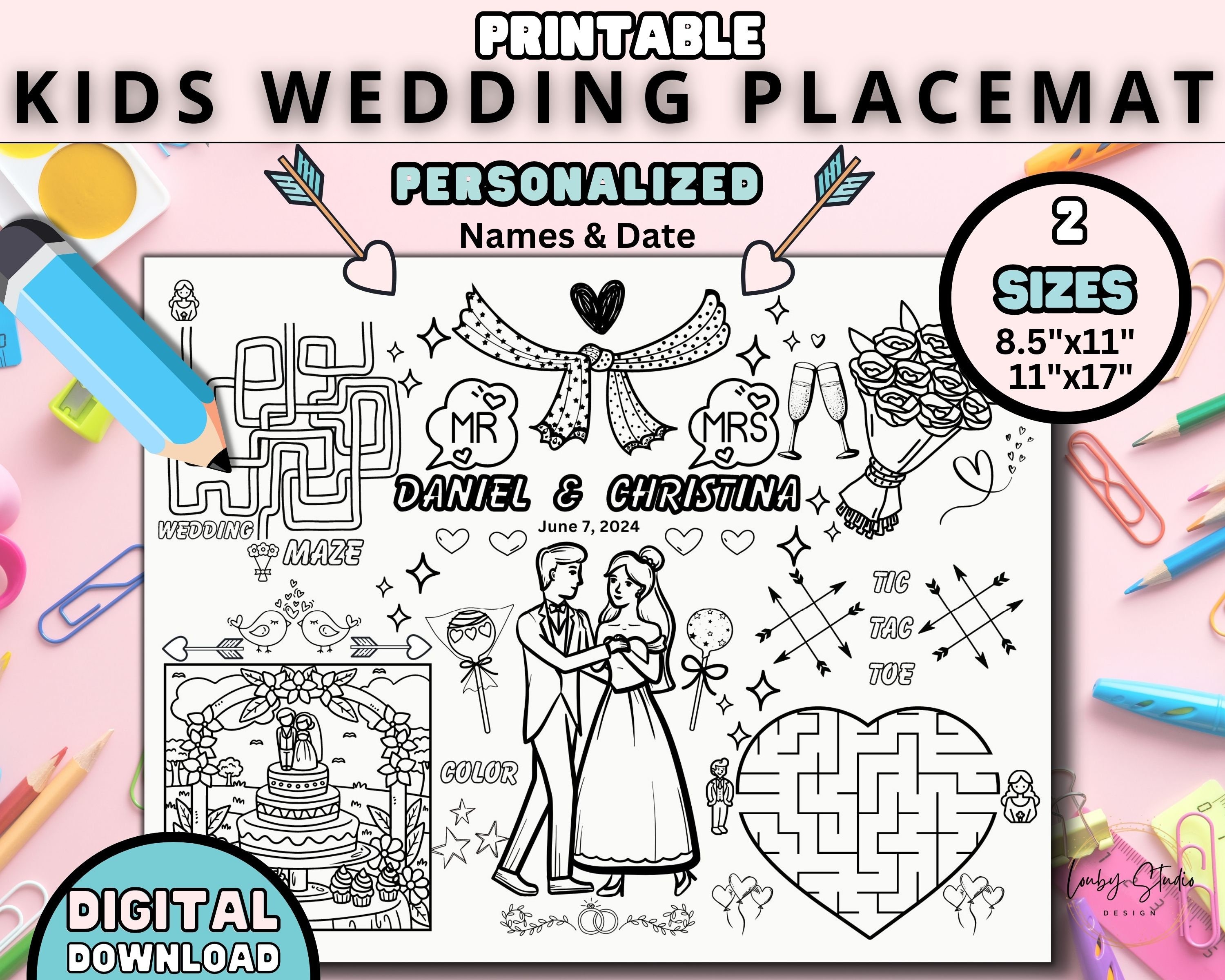 Kids Wedding Coloring Placemat, Printable Wedding Activity Mat ...