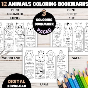 Printable Animals Coloring Bookmarks BUNDLE, Cute Animals Book Marks ...