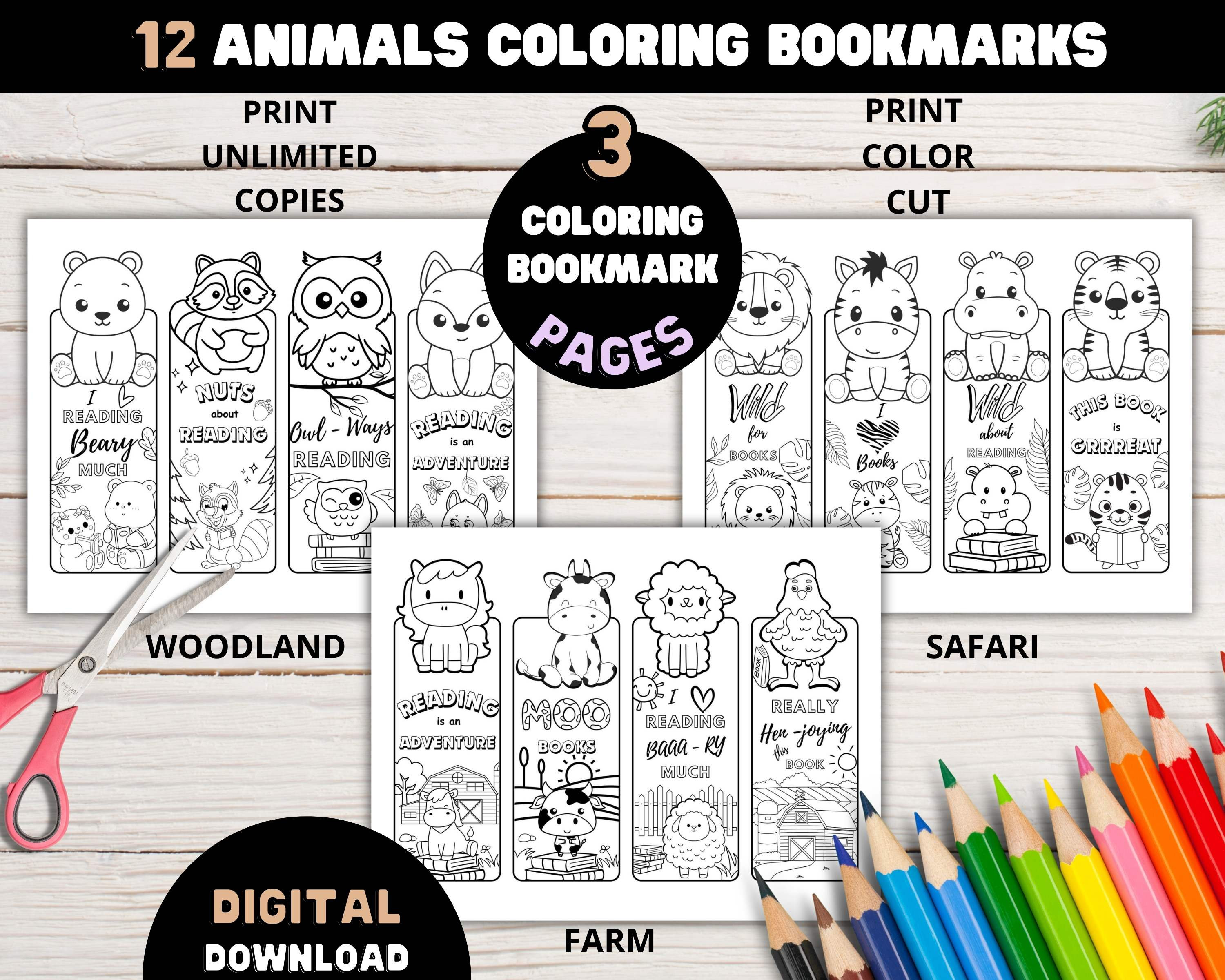 Printable Animals Coloring Bookmarks BUNDLE, Cute Animals Book Marks ...