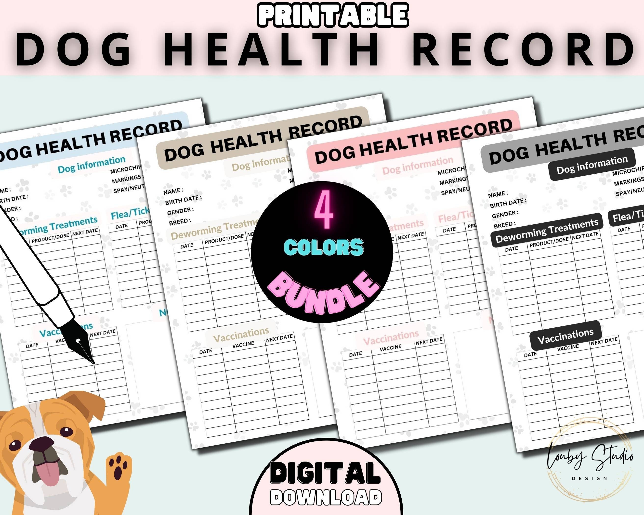 Dog Health Record, Printable Dog Shot Record, Puppy and Dog Vaccination ...