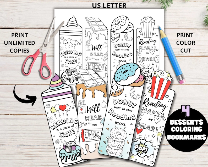 Printable Coloring Bookmarks BUNDLE, Dessert Coloring Book Marks, Kids ...