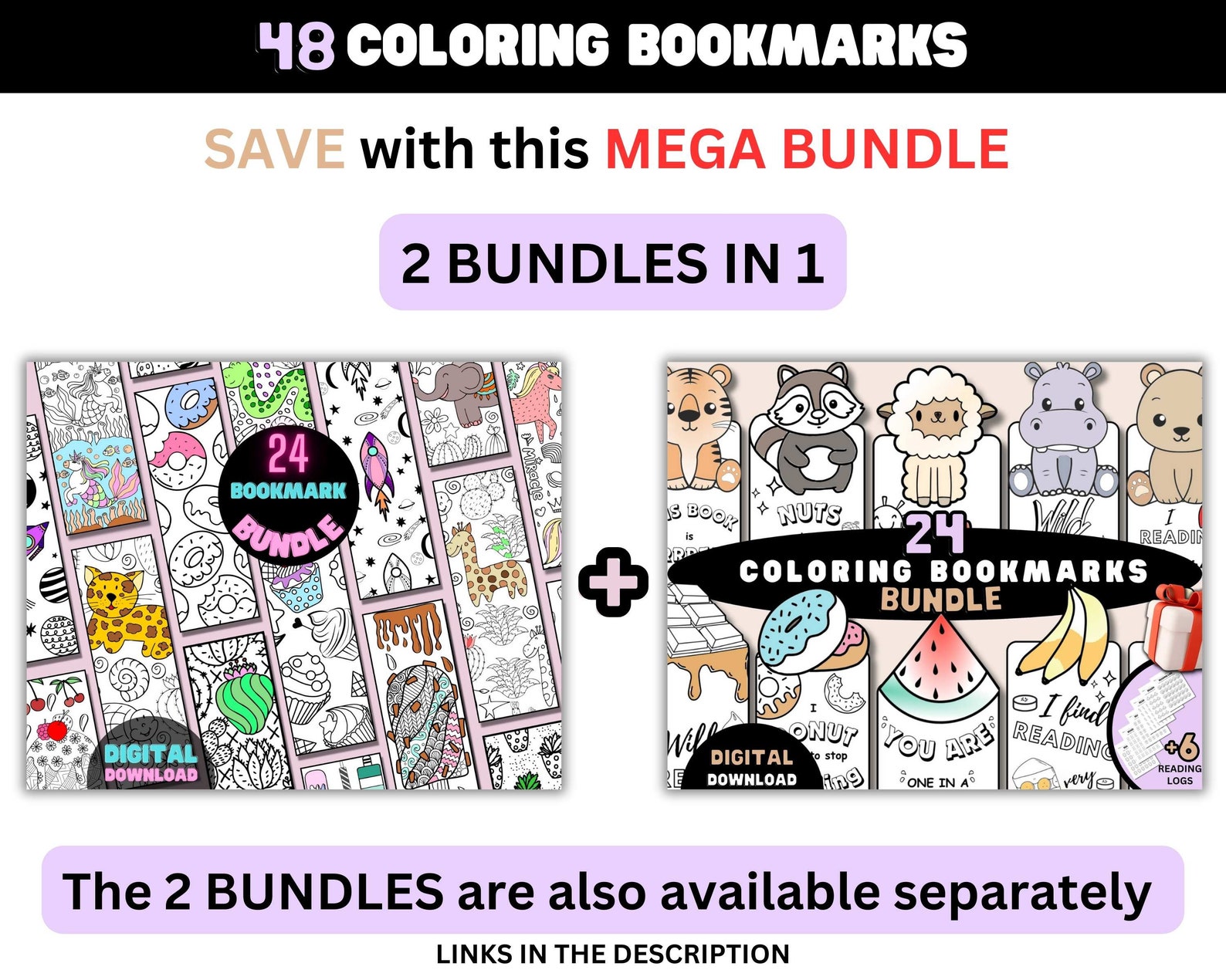 Coloring Bookmarks Printables for Kids BUNDLE, Animals and Dessert ...