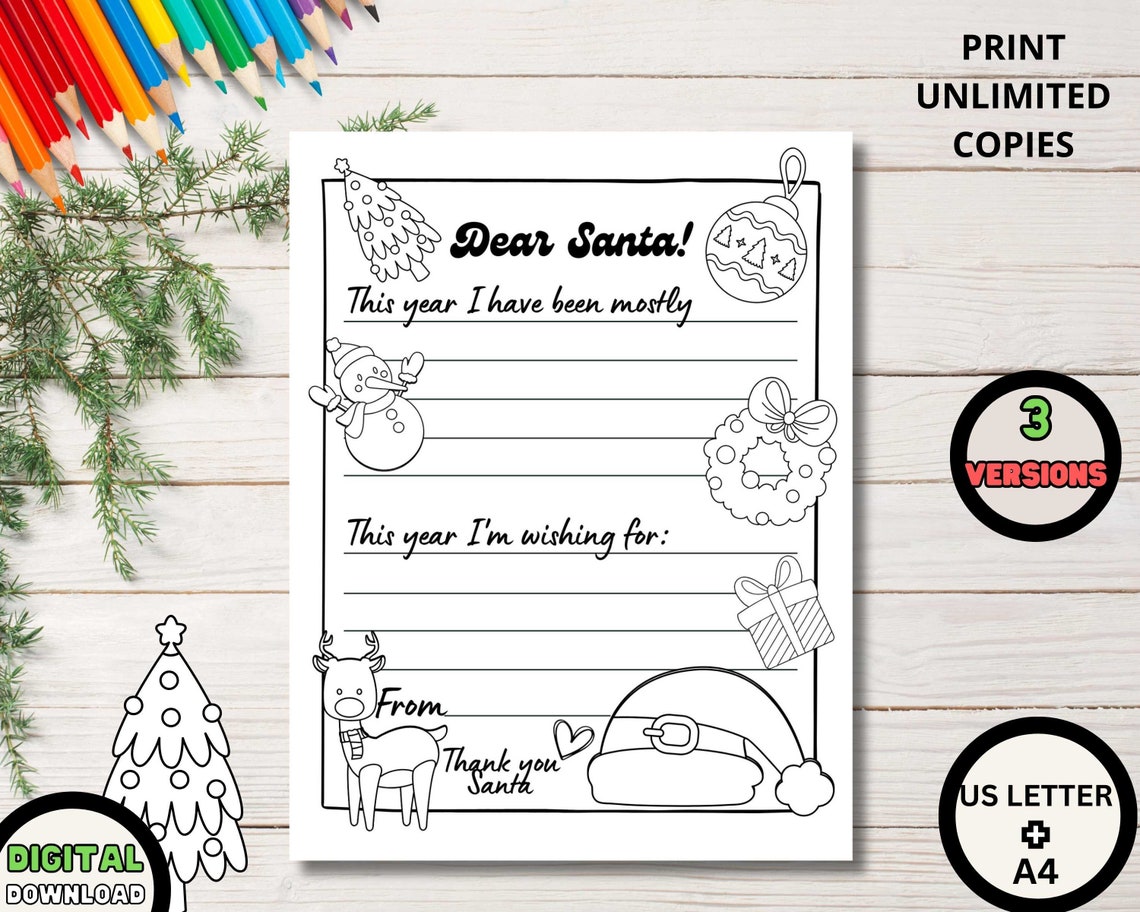 Letters to Santa Coloring Pages, Printable Dear Santa Letter, Christmas ...