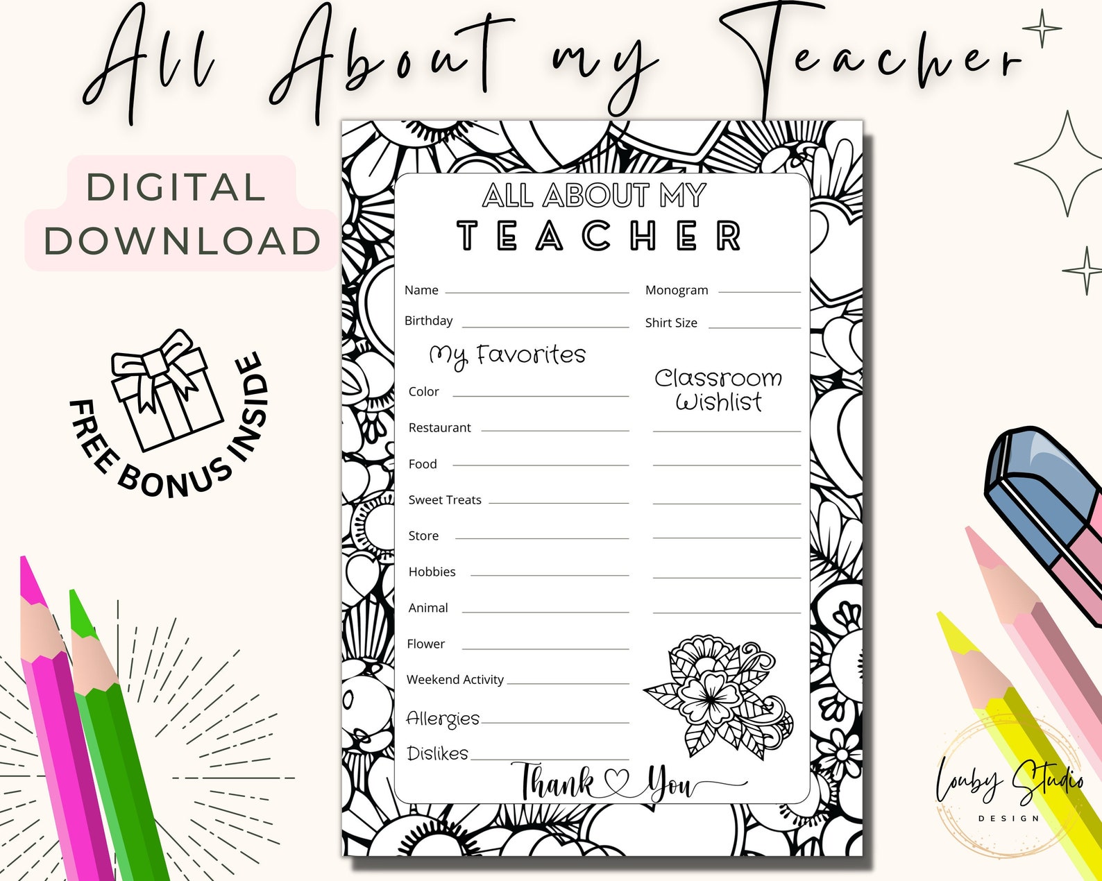 All About My Teacher Printable Coloring Page, Favorites Teacher Survey ...