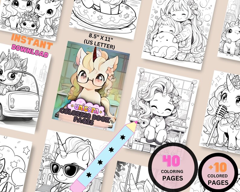 Cute Unicorn Fantasy Coloring Pages Book, Kawaii Coloring Page, Adults ...