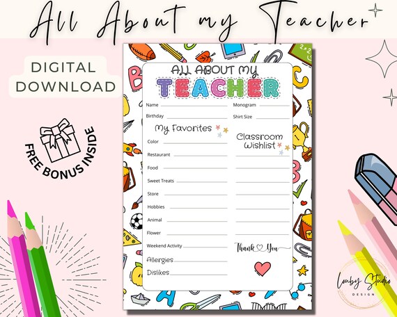 All About My Teacher Printable Questionnaire Favorites - Etsy