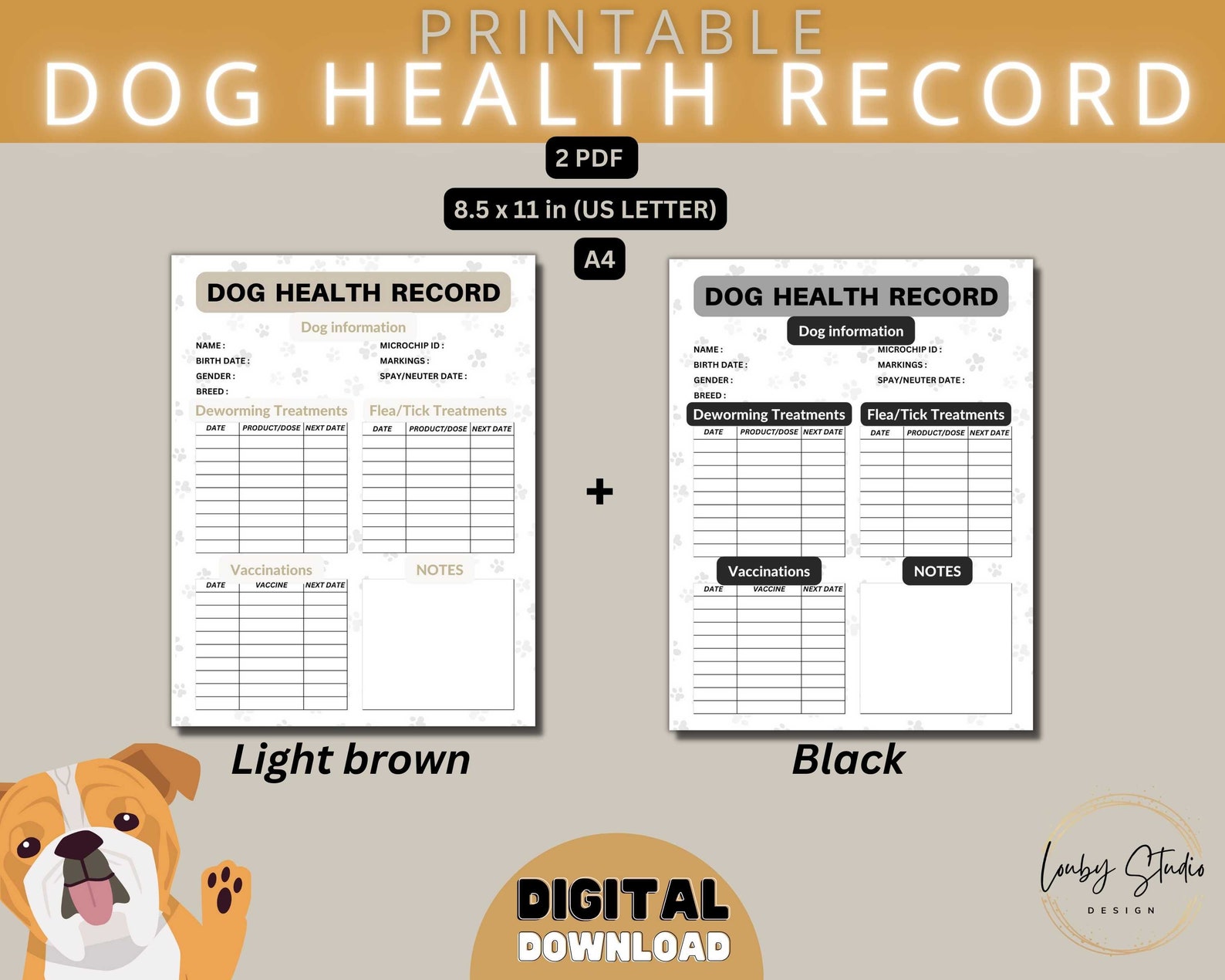 Dog Health Record, Printable Dog Shot Record, Puppy and Dog Vaccination ...