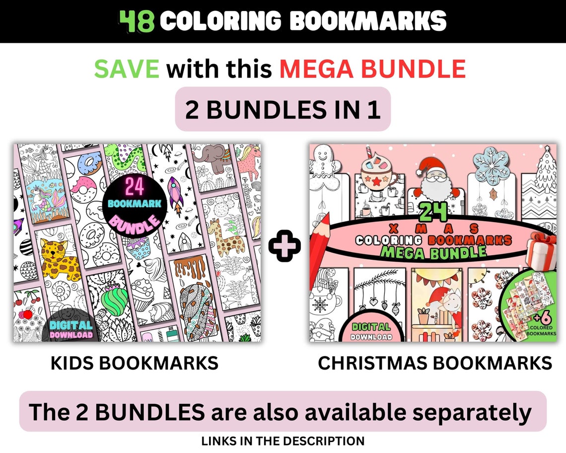 Printable Coloring Bookmarks BUNDLE, Cute Christmas Coloring Bookmarks ...