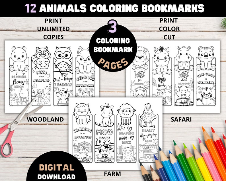 Printable Coloring Bookmarks BUNDLE, Cute Animals Book Marks, Birthday ...