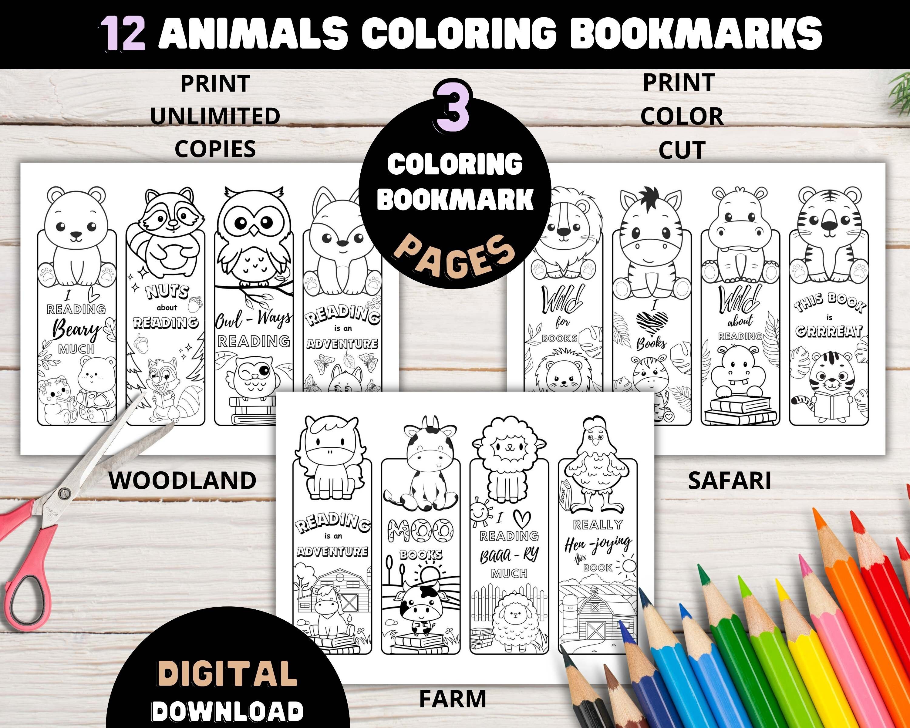 Printable Coloring Bookmarks BUNDLE, Cute Animals Book Marks, Birthday ...
