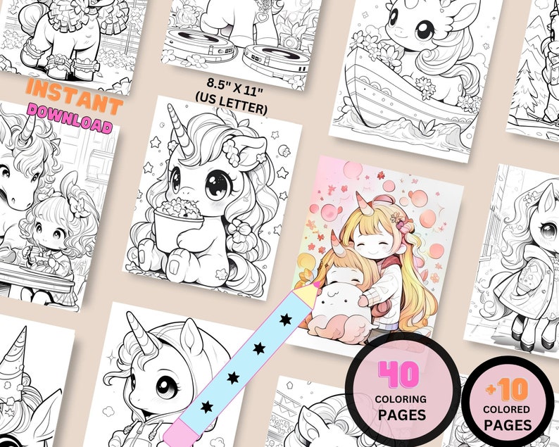 Cute Unicorn Fantasy Coloring Pages Book, Kawaii Coloring Page, Adults ...