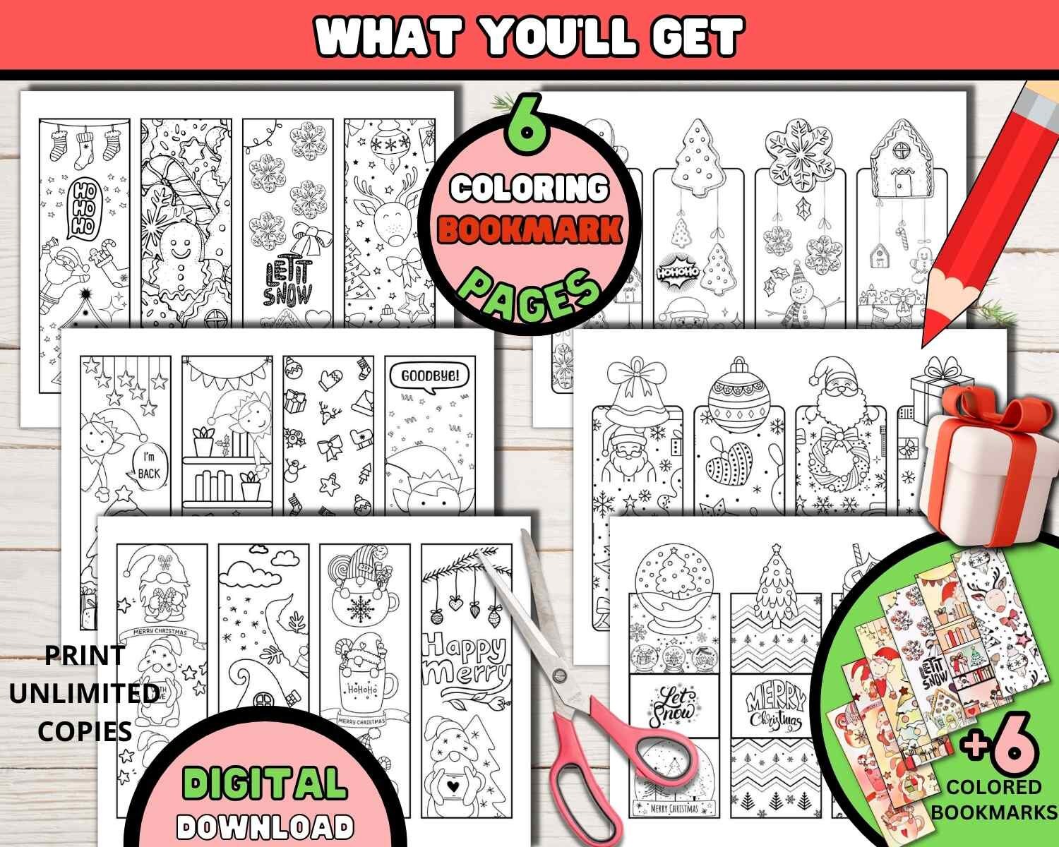 Printable Christmas Bookmarks BUNDLE, Kids Christmas Gnome Coloring ...
