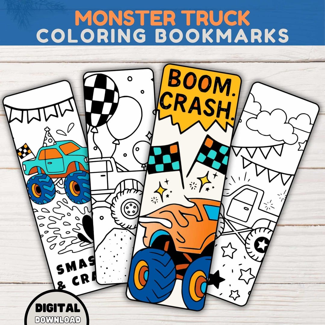 Monster Truck Coloring Bookmarks Printable | Kids Birthday Activity ...