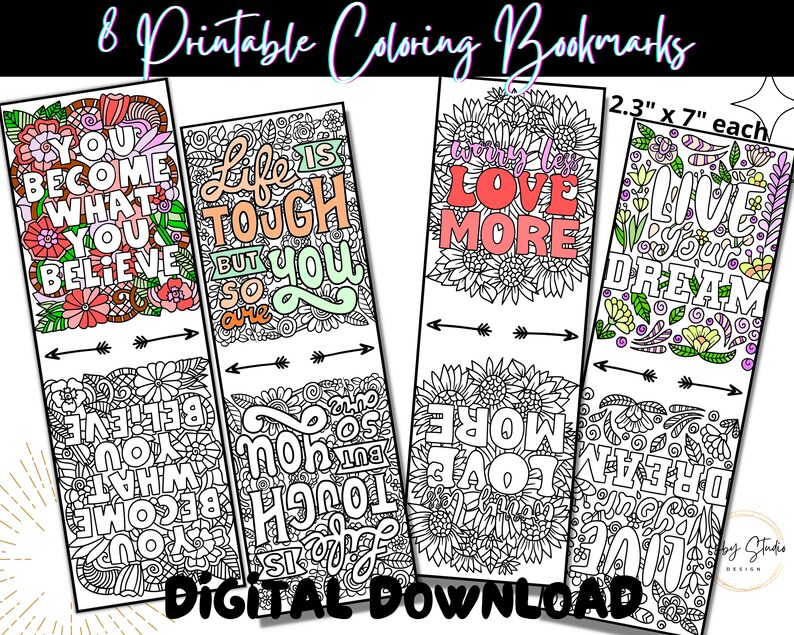 Printable Motivational Coloring Bookmark Pages, Digital Book Marks ...