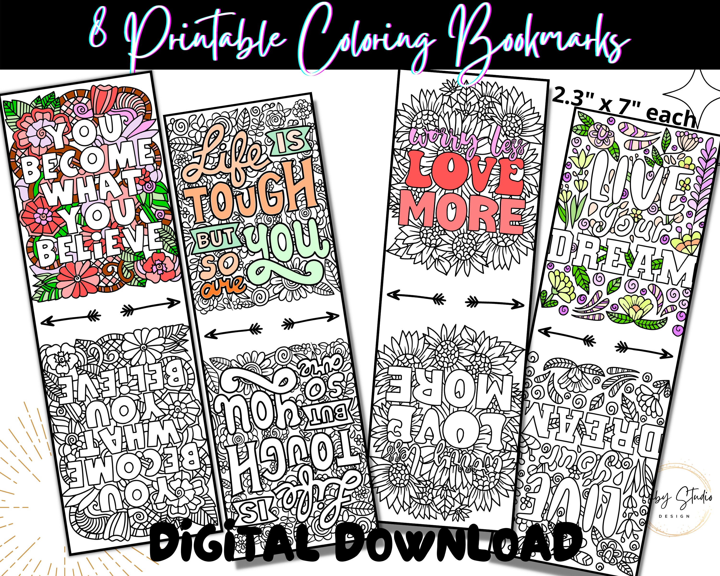 Printable Motivational Coloring Bookmark Pages, Digital Book Marks ...