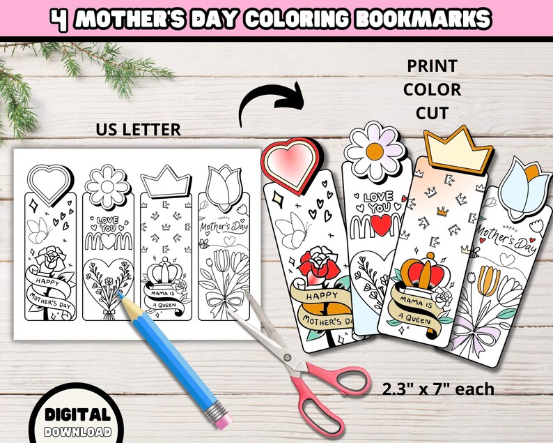 Mothers Day Coloring Bookmarks, Printable Coloring Mothers Day Card ...