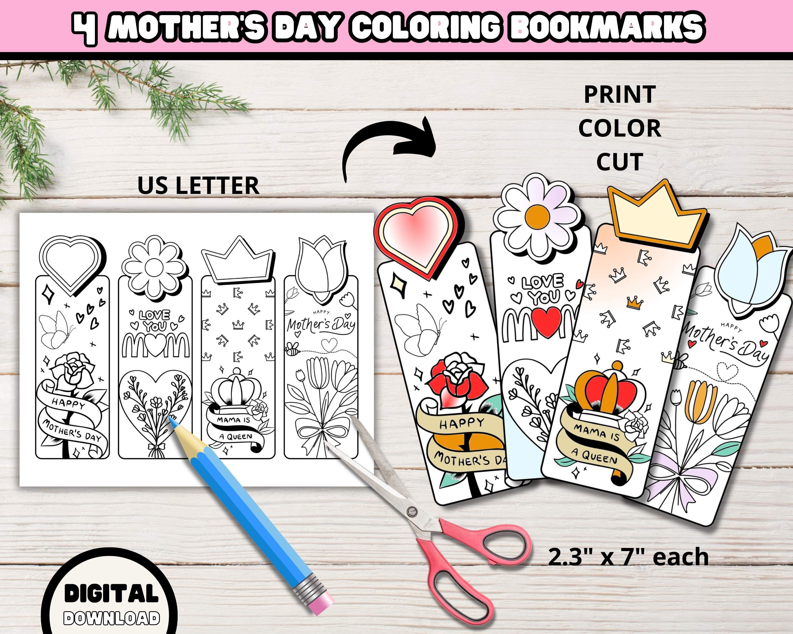 Mothers Day Coloring Bookmarks, Printable Coloring Mothers Day Card ...