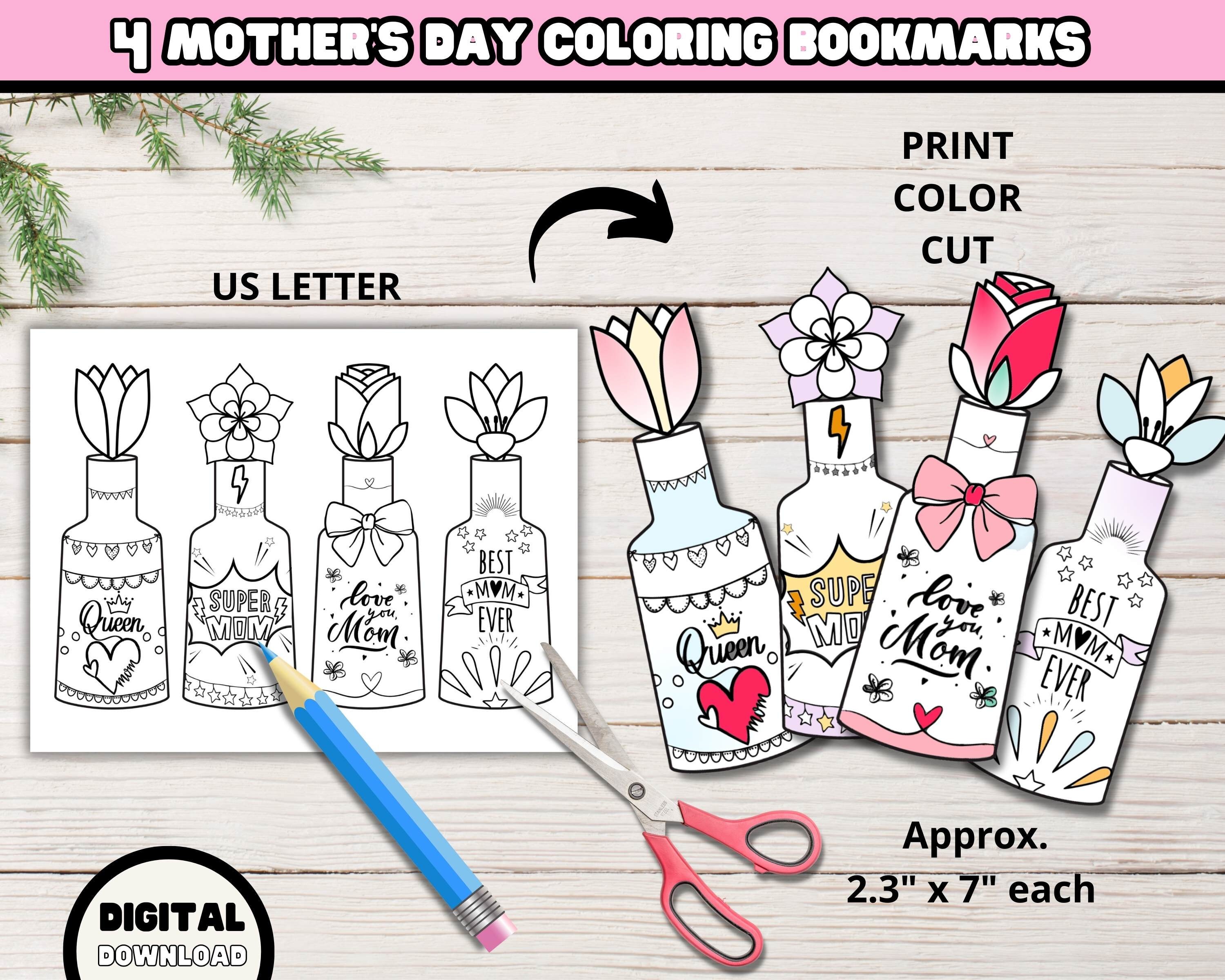 Flower Vase Mothers Day Coloring Bookmarks Cards, Printable Happy ...