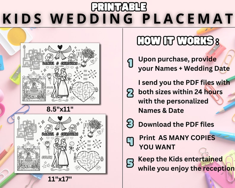 Kids Wedding Coloring Placemat, Printable Wedding Activity Mat ...