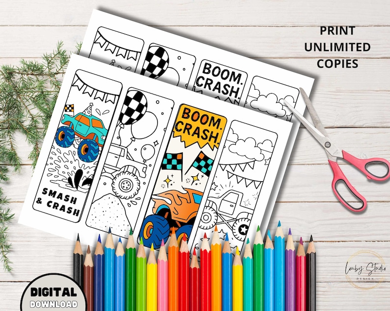 Monster Truck Coloring Bookmarks Printable | Kids Birthday Activity ...