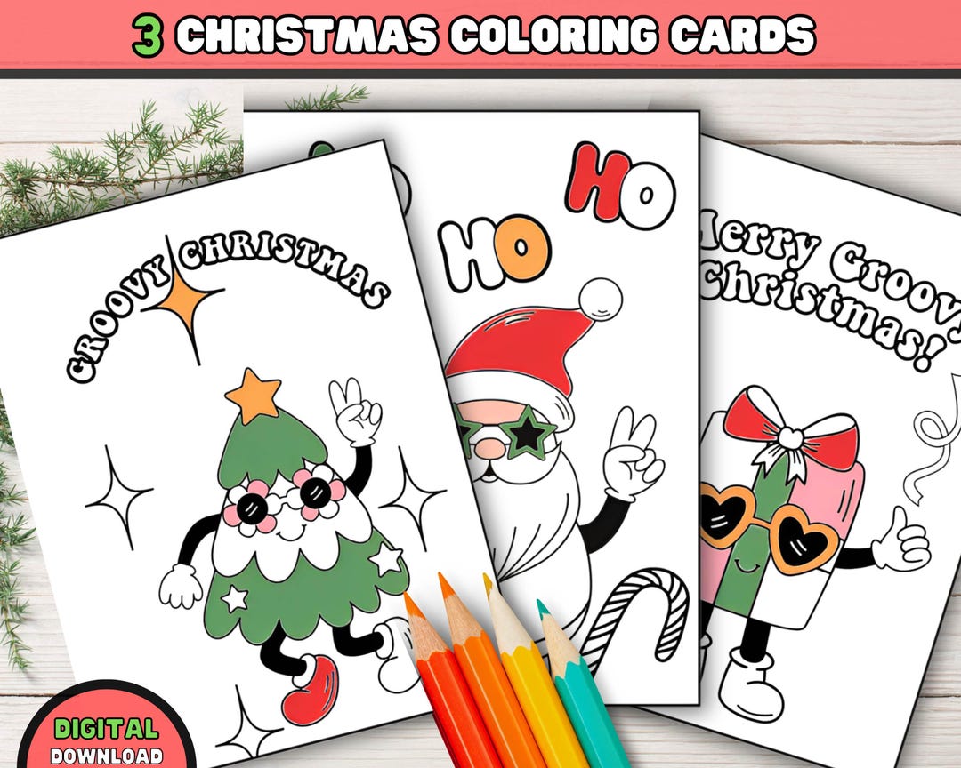Groovy Christmas Coloring Cards, Printable Retro Christmas Coloring ...