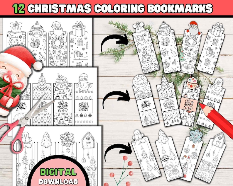 Printable Christmas Coloring Bookmarks BUNDLE, Kids Christmas Coloring ...