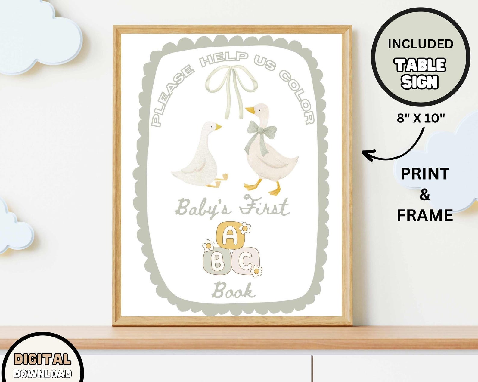 Silly Goose Baby Shower Coloring ABC Book, Alphabet Guest Book Unique ...
