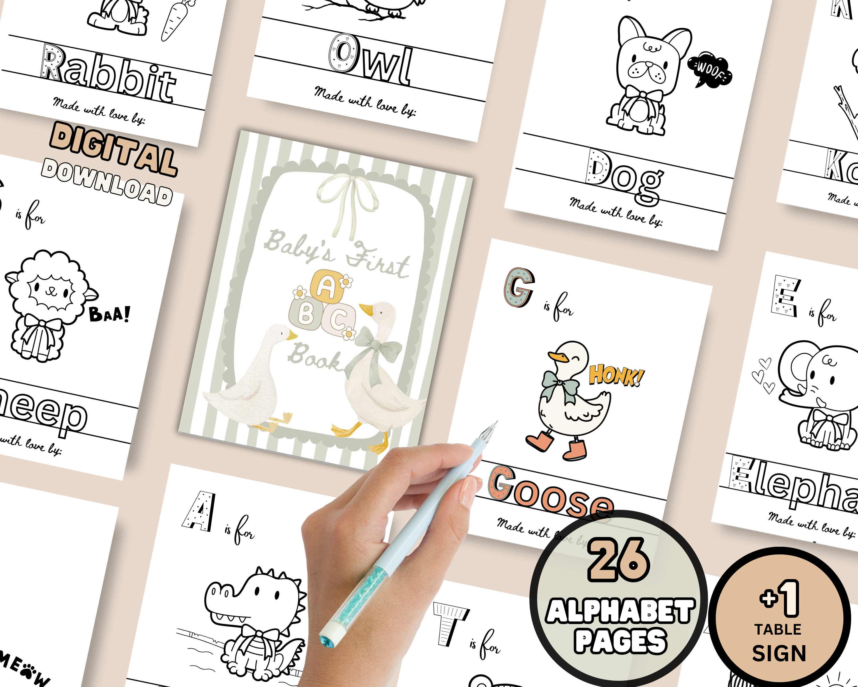 Silly Goose Baby Shower Coloring ABC Book, Alphabet Guest Book Unique ...
