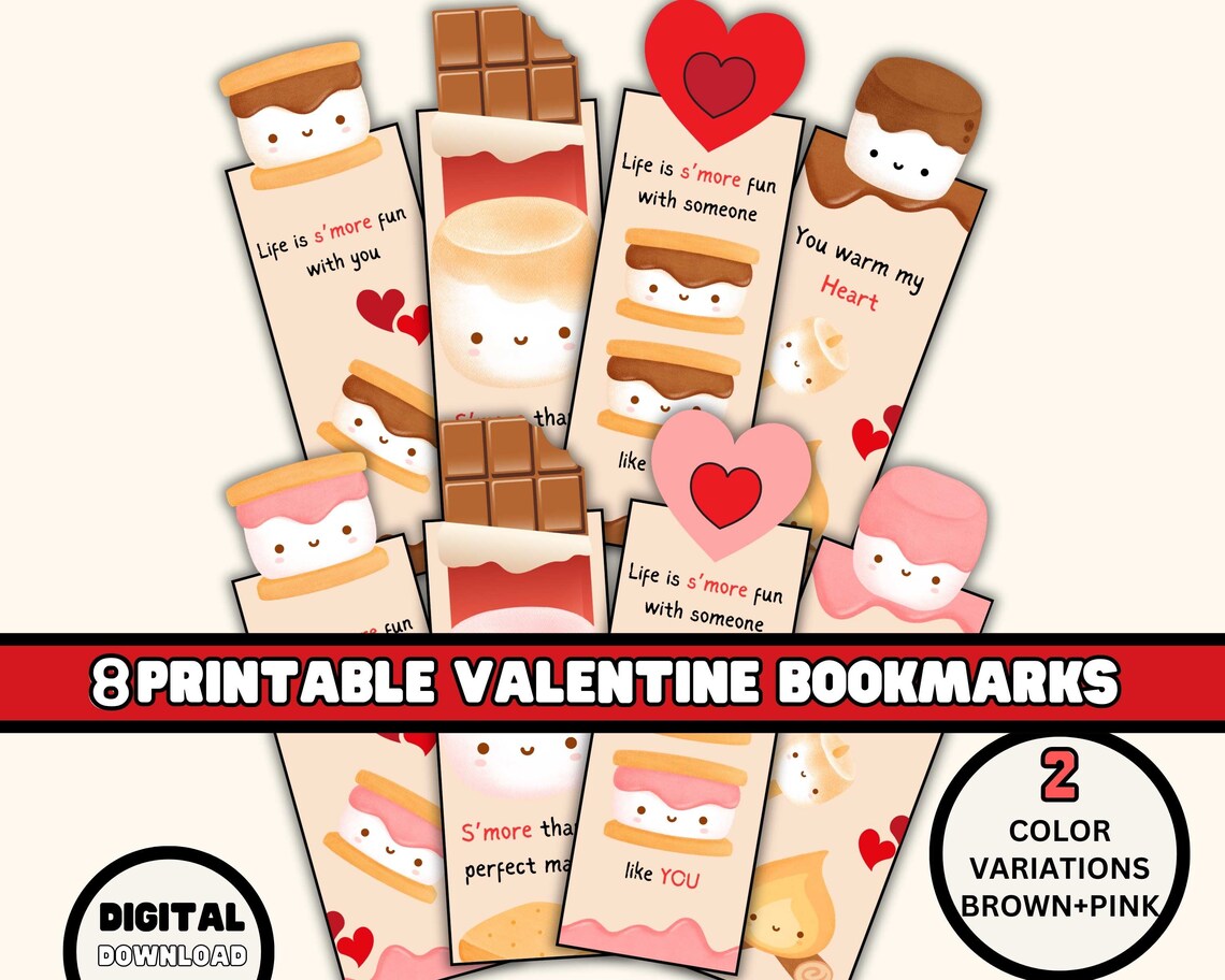 Printable S'mores Valentine Bookmarks: Classroom Gift Tags (digital ...