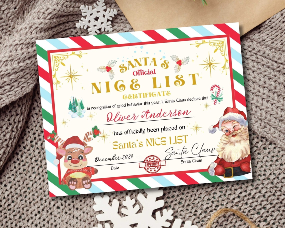 Santa Nice List Certificate EDITABLE Printable Christmas Eve Box Filler ...
