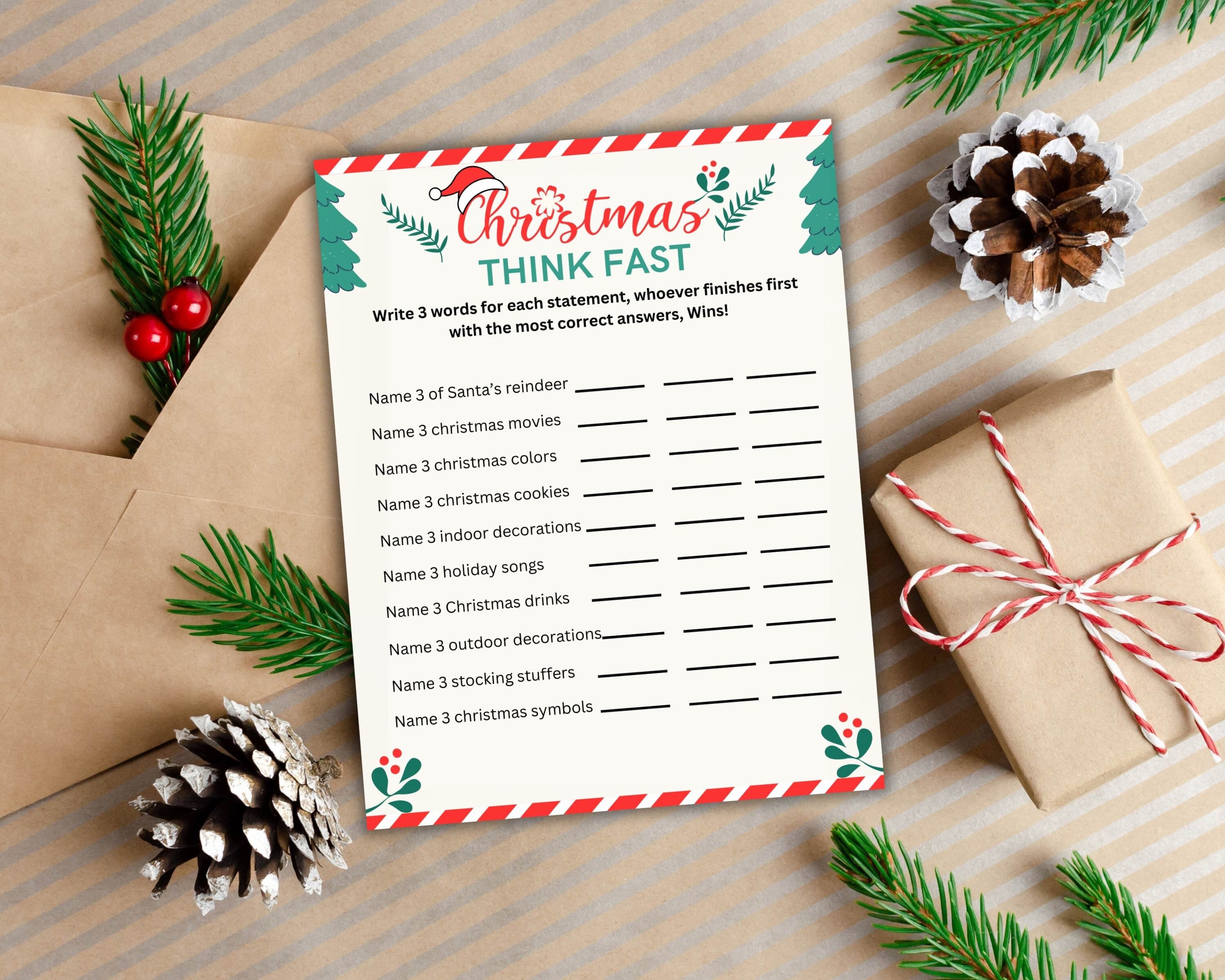 Think Fast Christmas Game Printable Game for Adults, Christmas Family ...