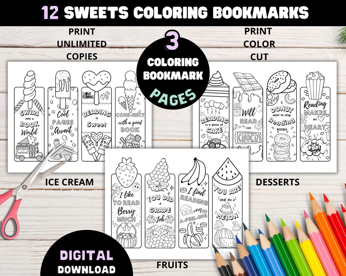 Printable Coloring Bookmarks BUNDLE, Dessert Coloring Book Marks, Kids ...