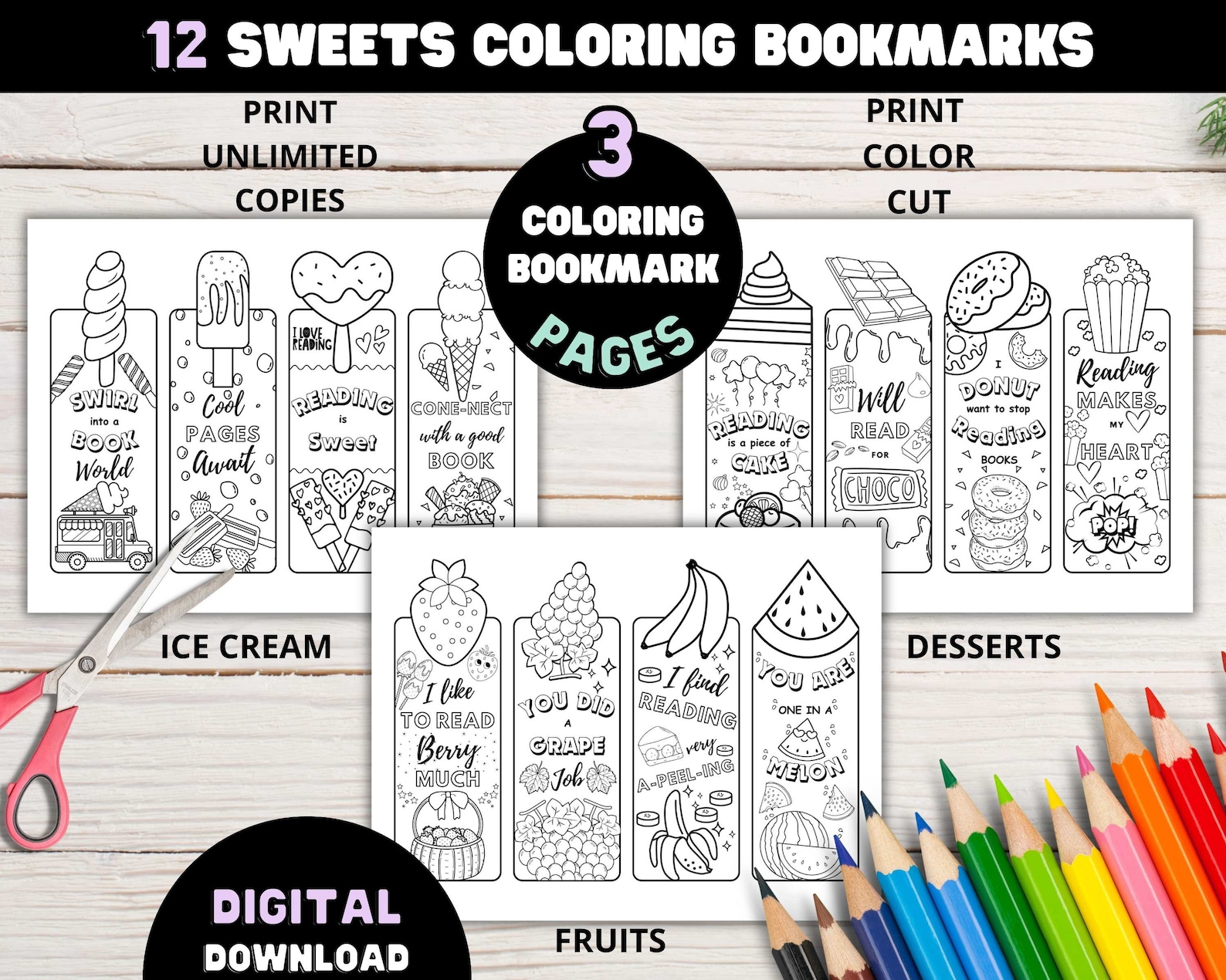 Printable Coloring Bookmarks BUNDLE, Dessert Coloring Book Marks, Kids ...
