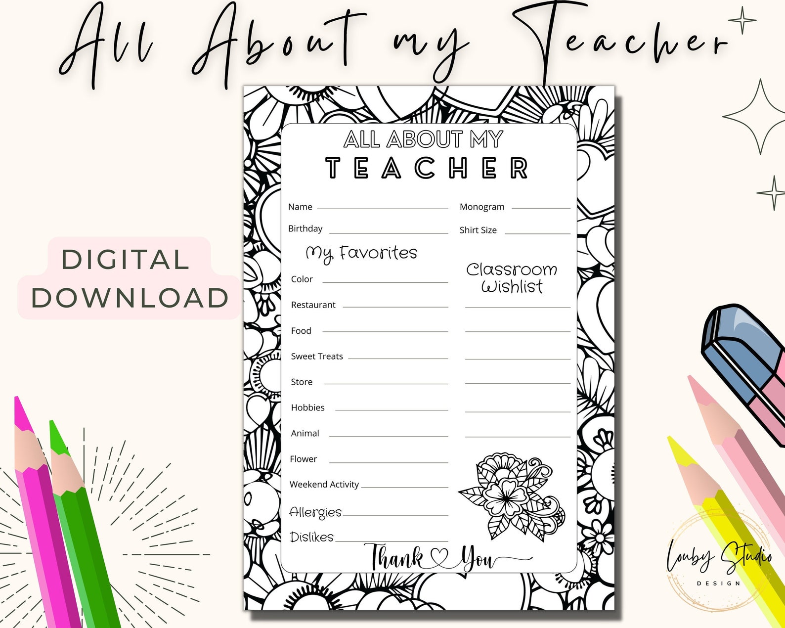 All About My Teacher Printable Coloring Page Favorites - Etsy