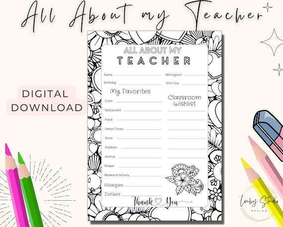 All About My Teacher Printable Coloring Page Favorites - Etsy