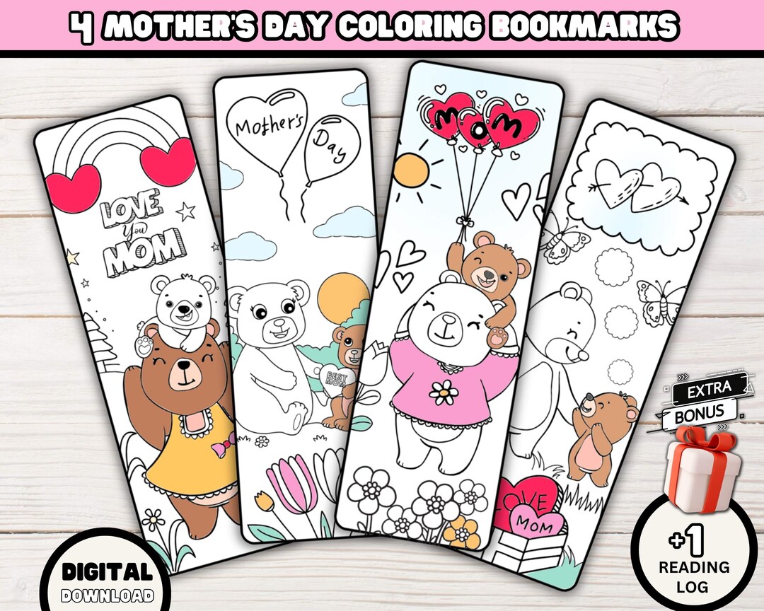 Printable Mother's Day Bear Coloring Bookmarks: Kids Craft (digital ...