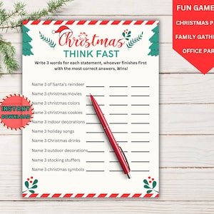 Think Fast Christmas Game Printable Game for Adults, Christmas Family ...