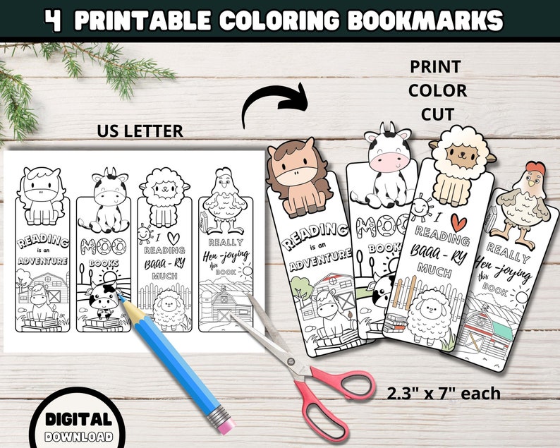Farm Animals Coloring Bookmarks, Printable Coloring Book Marks, Kids ...