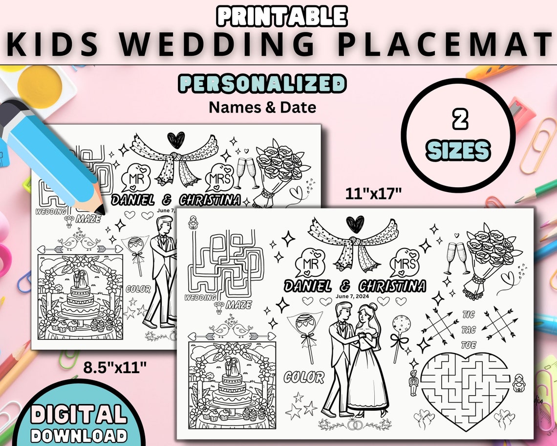 Kids Wedding Coloring Placemat, Printable Wedding Activity Mat ...