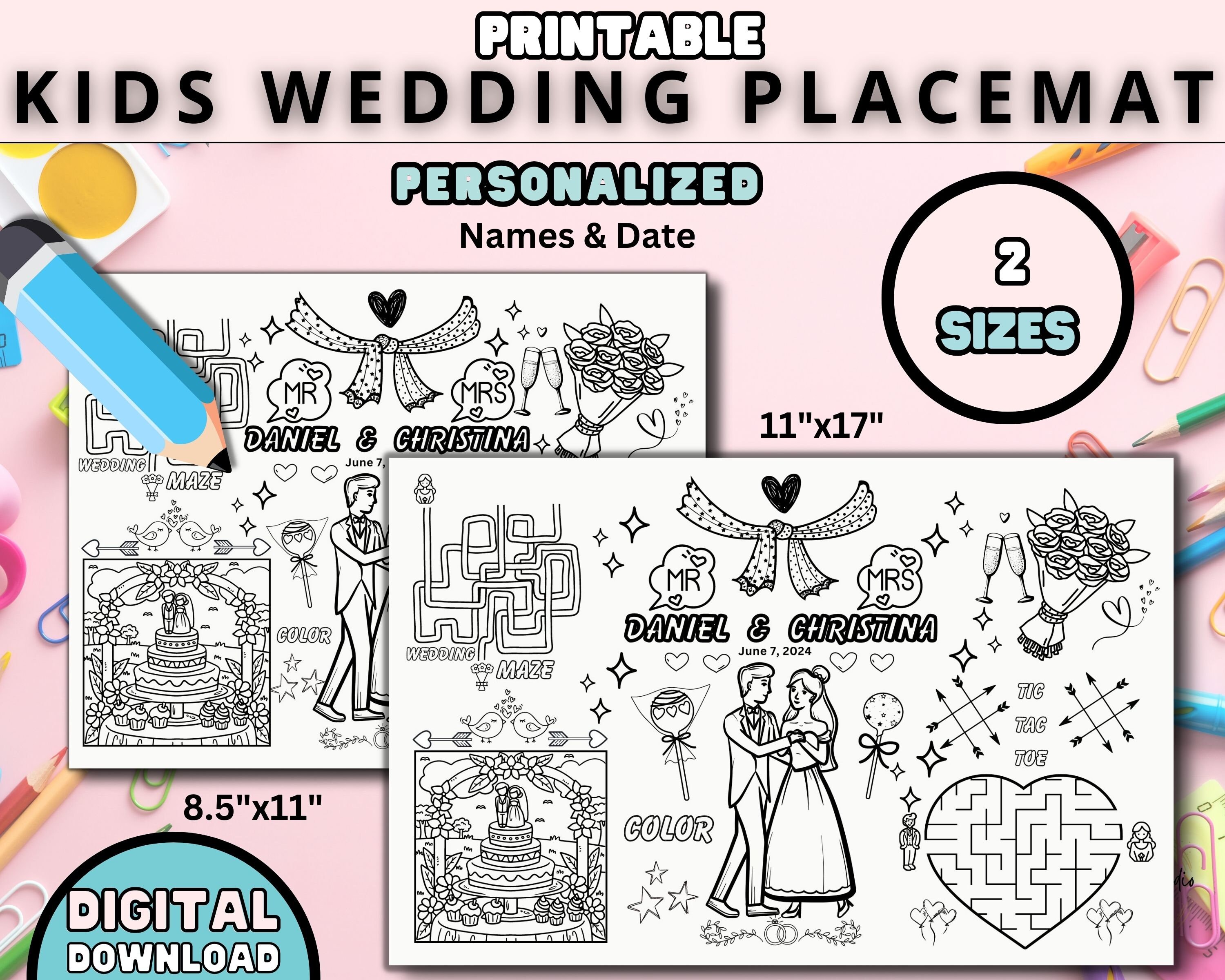Kids Wedding Coloring Placemat, Printable Wedding Activity Mat ...