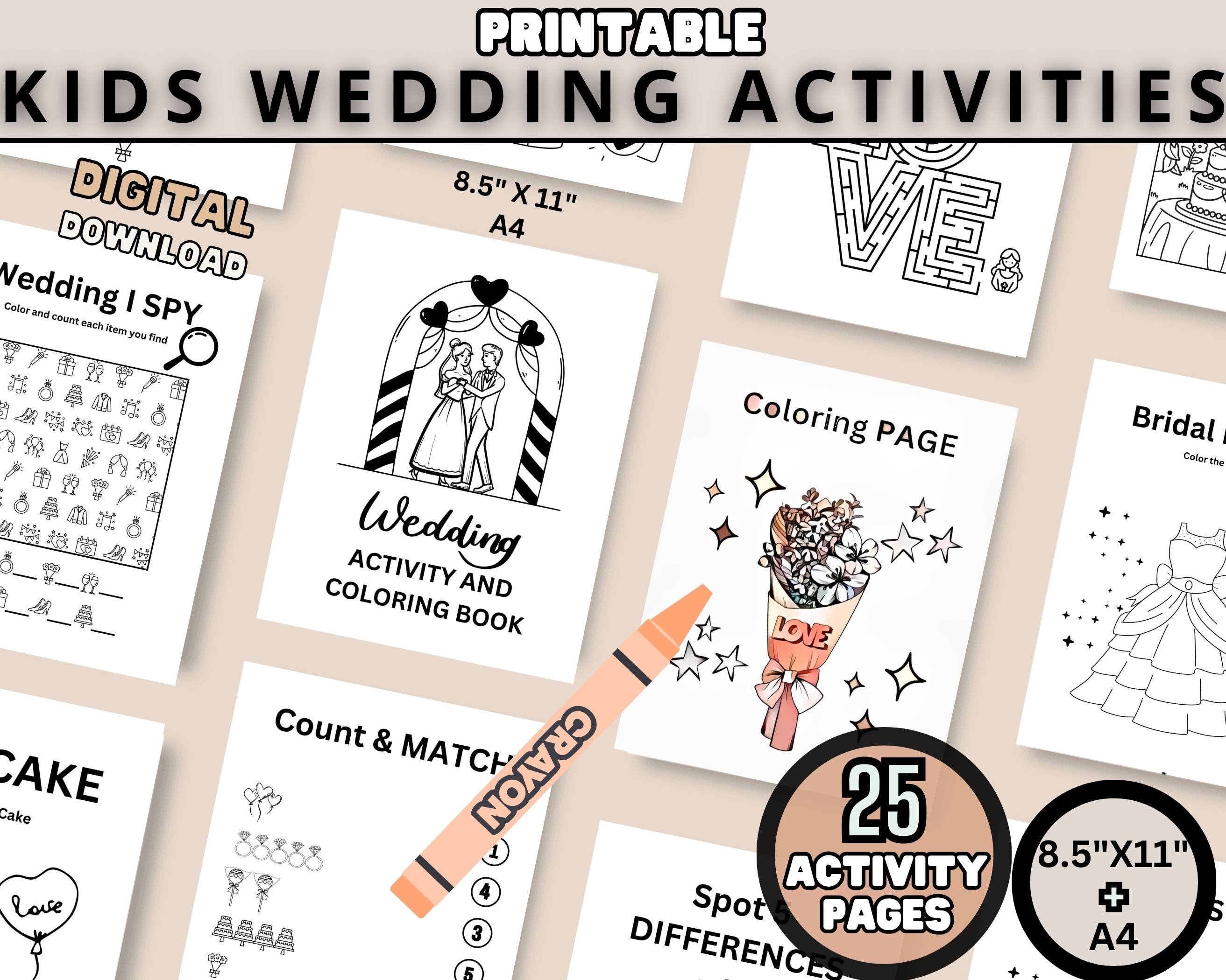 Kids Wedding Activity Book: 25 Coloring Pages & Games (digital Download ...