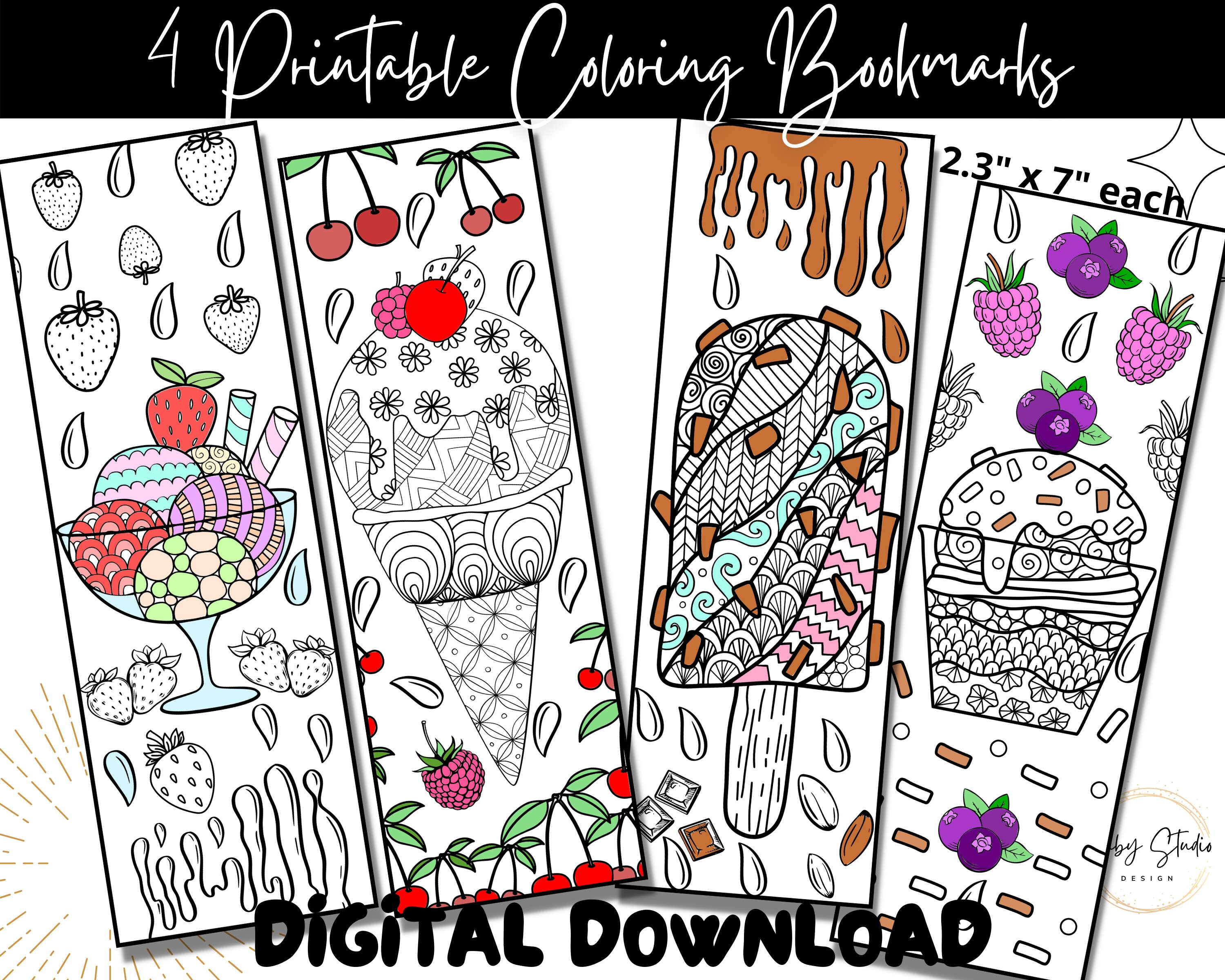Fun Ice Cream Book Mark Coloring Pages Kids Teens & Adults - Etsy