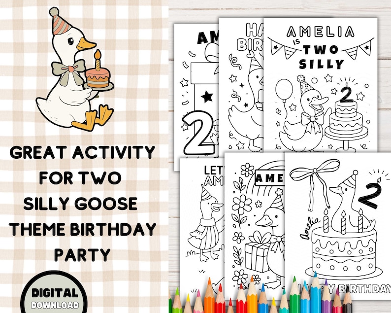 Two Silly Goose Coloring Pages, Personalized 2 Years Old Birthday Party ...